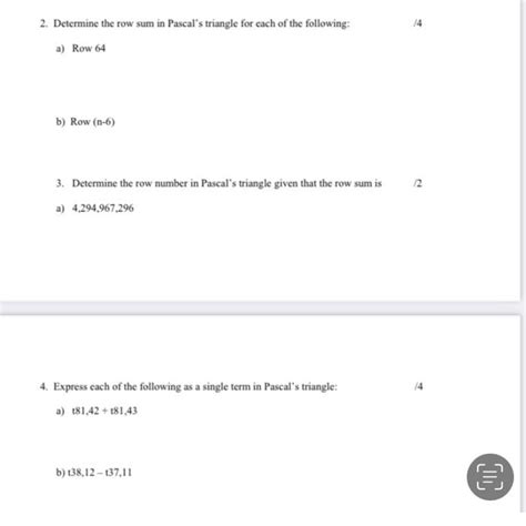 Solved 2 Determine The Row Sum In Pascals Triangle For