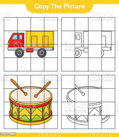 그림을 복사하고 그리드 라인을 사용하여 Lorry와 Drum의 그림을 복사하십시오 교육 어린이 게임 인쇄 가능한 워크 시트 벡터 일러스트 레이 션 0명에 대한 스톡 벡터