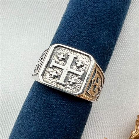 Jerusalem Cross Ring Shield Side Design Symbolic Style Sterling