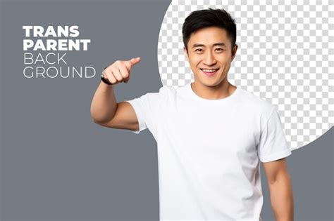 Premium Psd Transparen Asian Person Wearing A Modern Tshirt Giving Information Index Hand