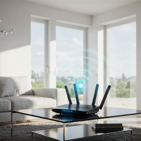 Modern Living Room Featuring A Sleek Black Wi Fi Router With Four Antennas Placed Stock