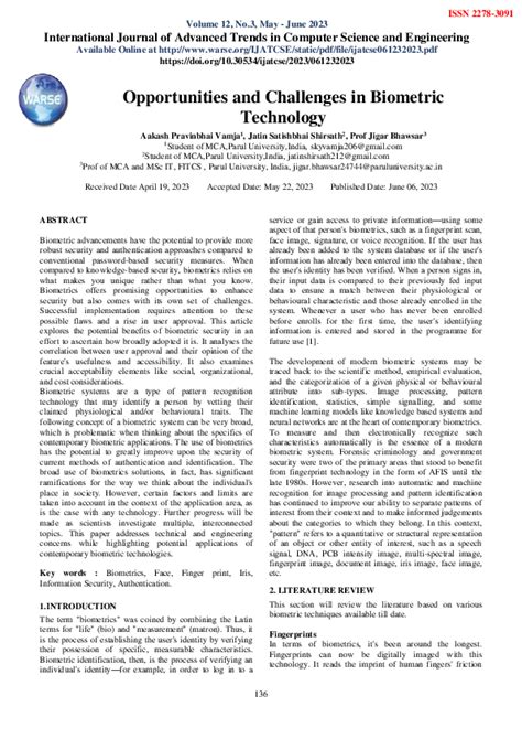 Pdf Opportunities And Challenges In Biometric Technology