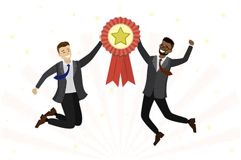 행복한 사업가 또는 직장 인이 뛰어 들고 있습니다 우승자 메달 기호와 성공적인 팀 수상자를 위한 시상식 별과 품질 마크 1위에 대한 스톡 벡터 아트 및 기타 이미지 Istock