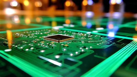 Close Up View Of A Microchip On A Printed Circuit Board Illuminated By