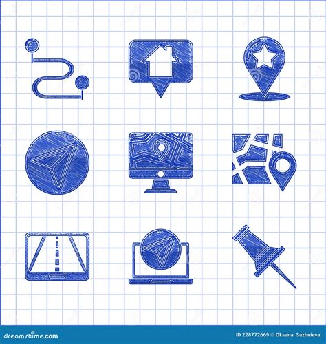 set monitor and folded map with location infographic of city