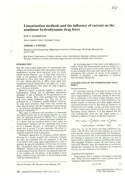 Pdf Linearization Methods And The Influence Of Current On The Nonlinear Hydrodynamic Drag Force