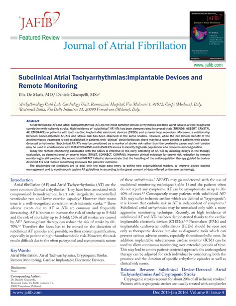Pdf Subclinical Atrial Tachyarrhythmiasimplantable Devices And Remote Monitoring