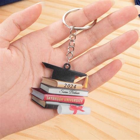 Personalized Graduation Cap Keychain With Books Custom Graduates Name