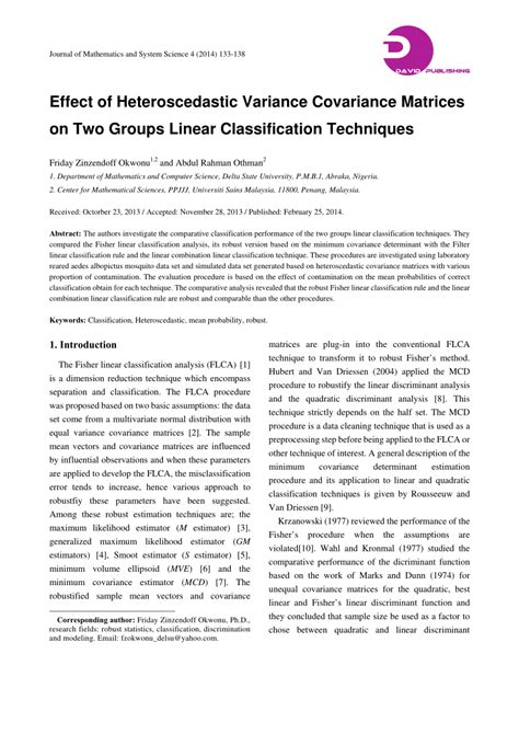 Pdf Effect Of Heteroscedastic Variance Covariance Matrices On Two Groups Linear Classification