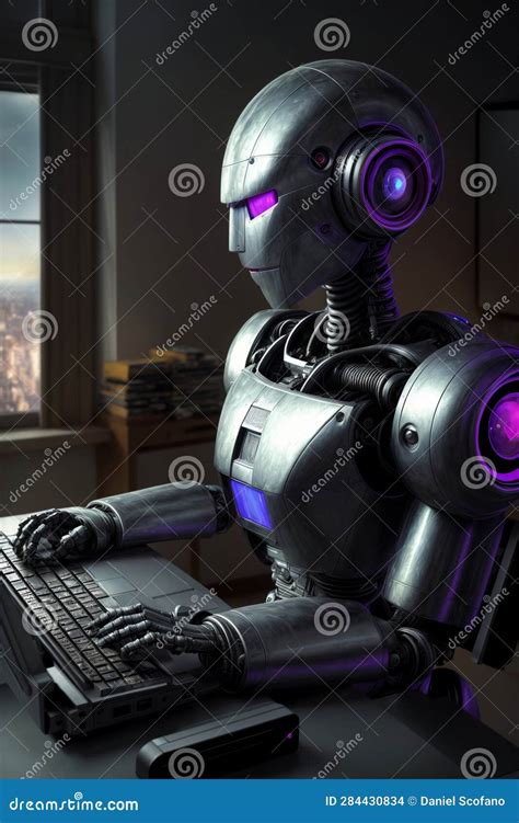 A Robot Sitting In Front Of A Laptop Computer Generative Ai Stock Illustration Illustration