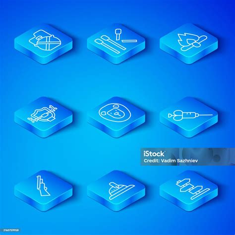 세트 라인 사냥 총 야생 사자 사냥꾼 모자 주사기 캠프 파이어 사슴 뿔 방패 수통 물병 및 도로 교통 표지판 아이콘 벡터 3차원 형태에 대한 스톡 벡터 아트 및 기타 이미지