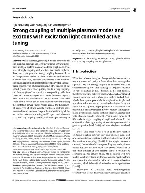 Pdf Strong Coupling Of Multiple Plasmon Modes And Excitons With