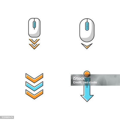 스크롤 다운 표시기 Rgb 색상 아이콘 설정 컴퓨터 마우스와 화살촉 제스처를 아래로 스 와이프합니다 이동 화살표 탐색 버튼입니다