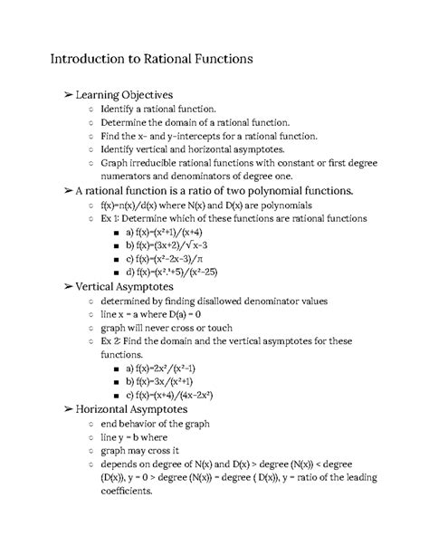 Math 1050 Lecture Notes Class 12 Introduction To Rational Functions