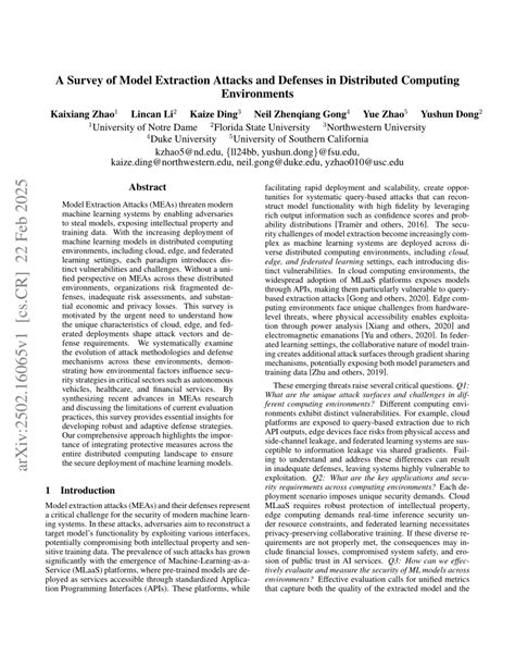 Pdf A Survey Of Model Extraction Attacks And Defenses In Distributed Computing Environments
