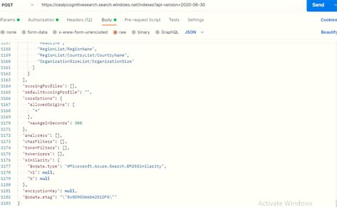 Azure Cognitive Search Create Index Through Postman
