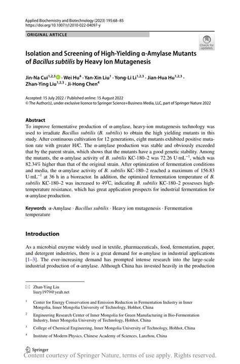 Isolation And Screening Of High Yielding α Amylase Mutants Of Bacillus Subtilis By Heavy Ion