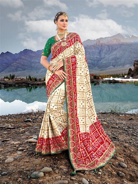 Sangeet Wear Cream Gajji Silk Bandhej Kutchi Work Ethnic Indian Saree