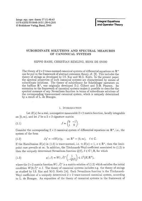 Pdf Subordinate Solutions And Spectral Measures Of Canonical Systems