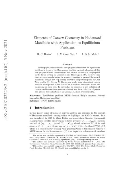 Pdf Elements Of Convex Geometry In Hadamard Manifolds With Application To Equilibrium Problems