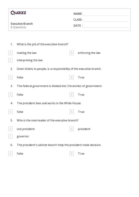 The Executive Branch Worksheets For Th Year On Quizizz Free