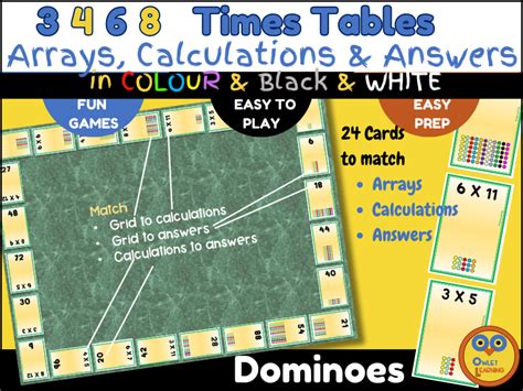 3 4 6 and 8 times tables domino game and arrays 1st 3rd grade maths fact fluency teaching