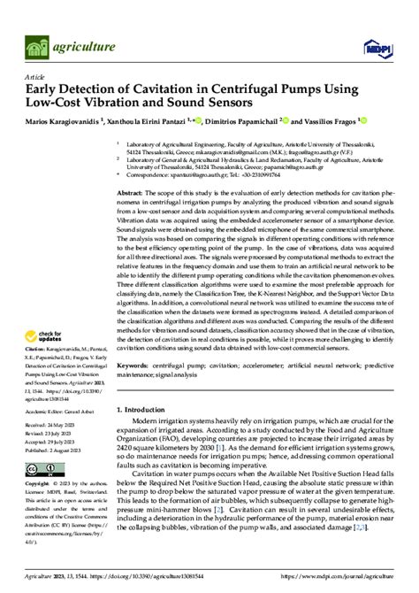 Pdf Early Detection Of Cavitation In Centrifugal Pumps Using Low Cost Vibration And Sound Sensors