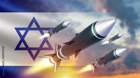 Rockets Near Israel Flag Anti Missile Dome Tel Aviv Rockets Launched