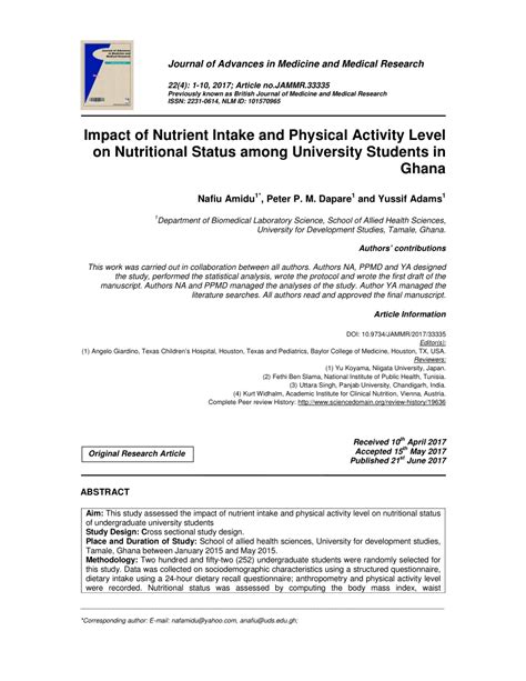 Pdf Impact Of Nutrient Intake And Physical Activity Level On Nutritional Status Among