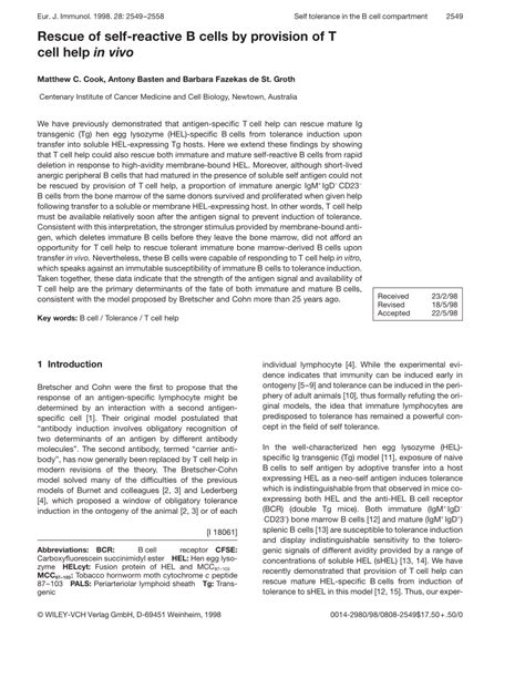 Pdf Rescue Of Self Reactive B Cells By Provision Of T Cell Helpin Vivo
