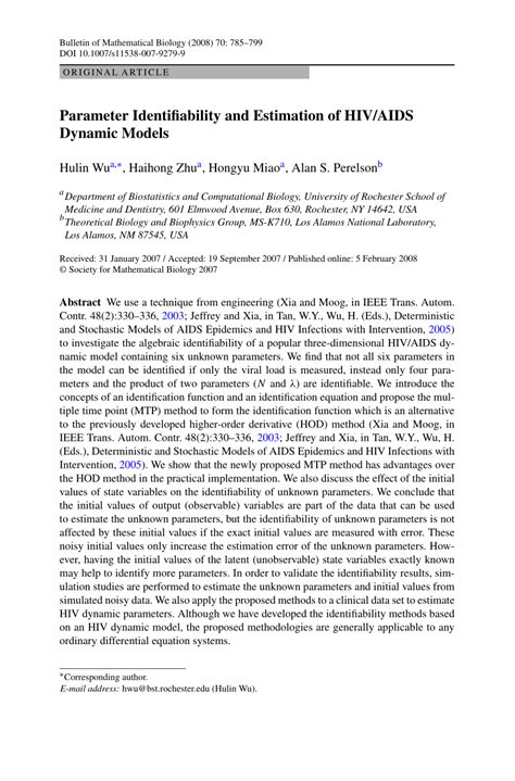pdf parameter identifiability and estimation of hiv aids dynamic models