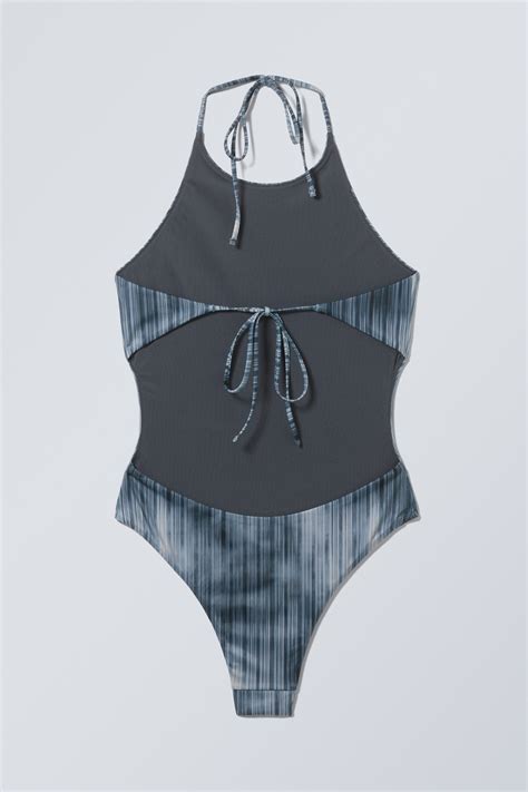 Tie Printed Halter Neck Swimsuit Striped Dark Blue Femei Handm Ro
