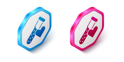 흰색 배경에 격리된 혈액 아이콘이 있는 아이소메트릭 테스트 튜브 또는 플라스크 실험실 화학 과학 유리 기호 육각형 버튼 벡터 3차원 형태에 대한 스톡 벡터 아트 및 기타