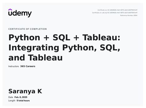 Completed Python Tableau Sql Course On Udemy Saranya K Posted On The Topic Linkedin