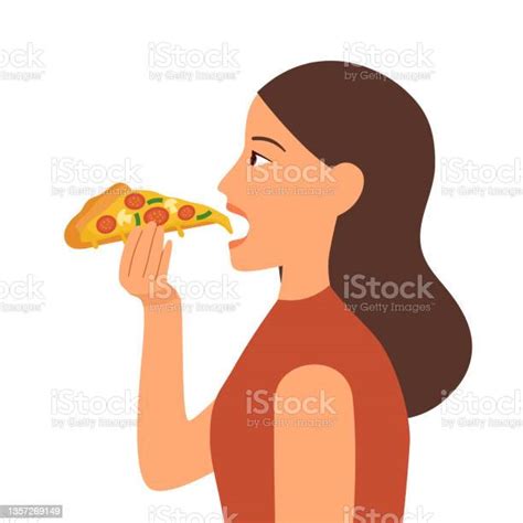 흰색 배경에 평평한 디자인으로 피자를 먹는 여성 배고픈 여성은 점심 패스트 푸드를 먹고 건강에 좋지 않은 음식에 대한 스톡 벡터 아트 및 기타 이미지 건강에 좋지 않은