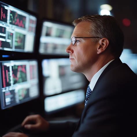 Focused Businessman Analyzing Financial Data On Multiple Monitors Premium Ai Generated Image