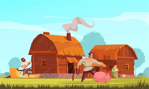 Free Vector Ancient Settlements Architecture Style Cartoon Composition