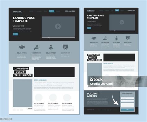 랜딩 와이어프레임 인터넷 웹 페이지 Ui 템플릿 메뉴 탐색 비디오 갤러리 및 바닥글 정보 벡터 방문 디자인 설계도에 대한 스톡 벡터 아트 및 기타 이미지 Istock
