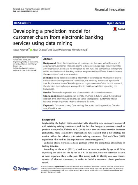 Pdf Developing A Prediction Model For Customer Churn From Electronic Banking Services Using