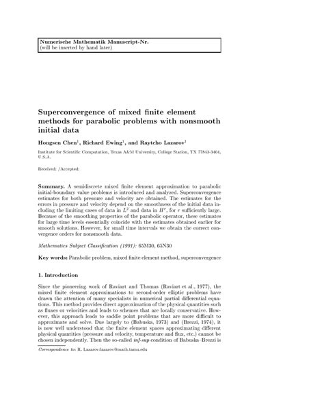 Pdf Superconvergence Of Mixed Finite Element Methods For Parabolic Problems With Nonsmooth