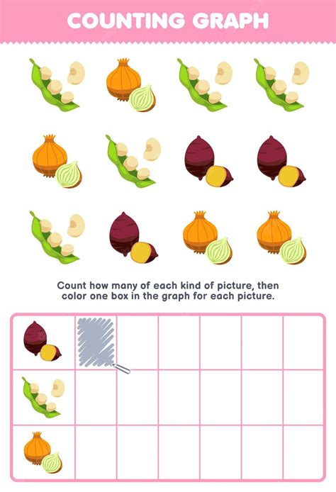 어린이를 위한 교육 게임은 귀여운 만화 얌 완두콩 양파의 수를 세고 그래프 인쇄 가능한 야채 워크시트에서 상자를 색칠합니다 프리미엄 벡터