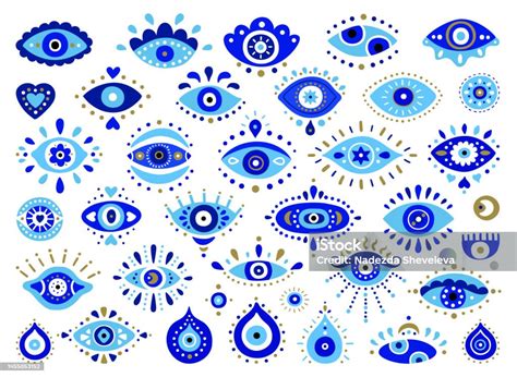 터키의 사악한 눈 상징입니다 에스닉 스타일의 블루 그리스 보호는 황금색 디테일이 있는 부패 표지판으로부터 보호합니다 그리스 문화에 대한 스톡 벡터 아트 및 기타 이미지