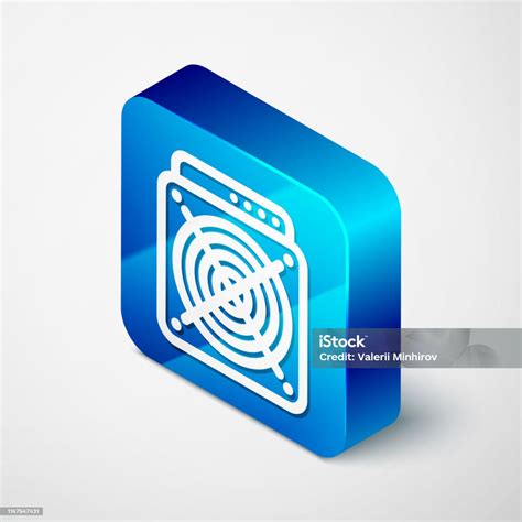 아이소메트릭 Asic 광부 아이콘 흰색 배경에 고립입니다 암호 화폐 채굴 장비 및 하드웨어 애플리케이션별 집적 회로 파란색