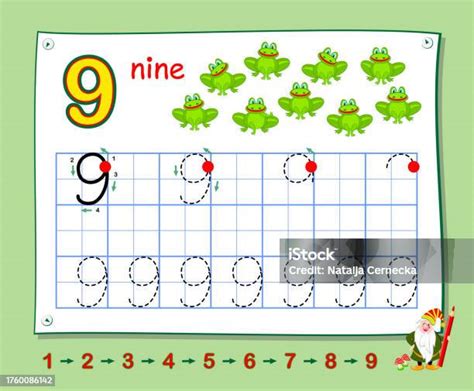어린 아이들을 위한 수학 교육 숫자 쓰기를 배웁니다 학교 교과서용 인쇄 가능한 워크시트 어린이 활동 시트 계산 기술 개발 아홉 번째 흔적 0명에 대한 스톡 벡터 아트 및