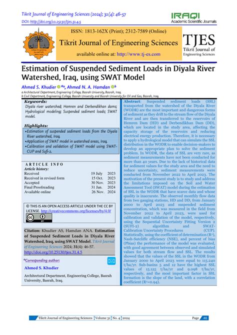 (PDF) Estimation of Suspended Sediment Loads in Diyala River Watershed ...