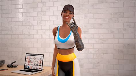 3d model athletic woman with futuristic bionic arm rock pose