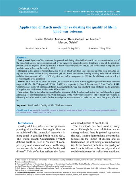 Pdf Application Of Rasch Model For Evaluating The Quality Of Life In Blind War Veterans