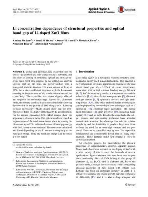 Pdf Li Concentration Dependence Of Structural Properties And Optical Band Gap Of Li Doped Zno