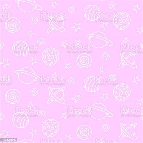 아기 공간 원활한 패턴 만화 핑크 윤곽 행성과 별 벡터 우주 배경 과 텍스처 어린이 디자인 직물 포장지 벽지 섬유 의류용 0명에 대한 스톡 벡터 아트 및 기타 이미지