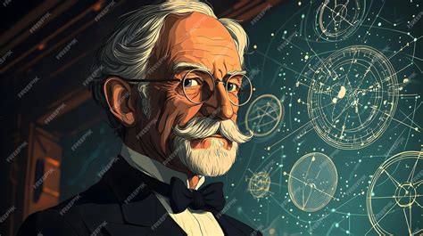 Illustrated Portrait Of Pioneering Physicist Max Planck With Quantum Theory Symbols Premium Ai